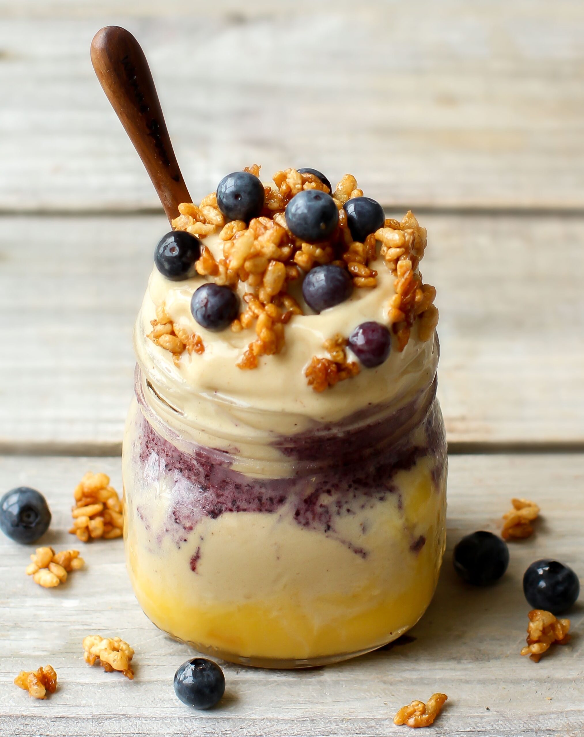 Mango Blueberry Nicecream with Rice Crispy Clusters | HCLF Vegan